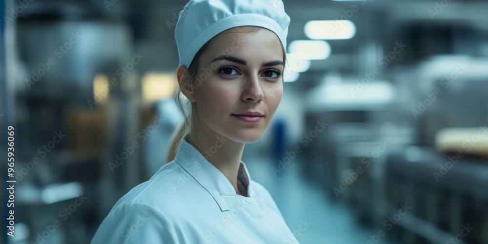 A young woman chef in a bustling kitchen setting. She exudes confidence ...