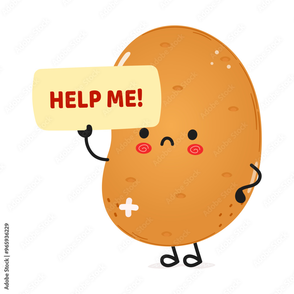 Cute sad sick Potato asks for help character. Vector hand drawn cartoon ...