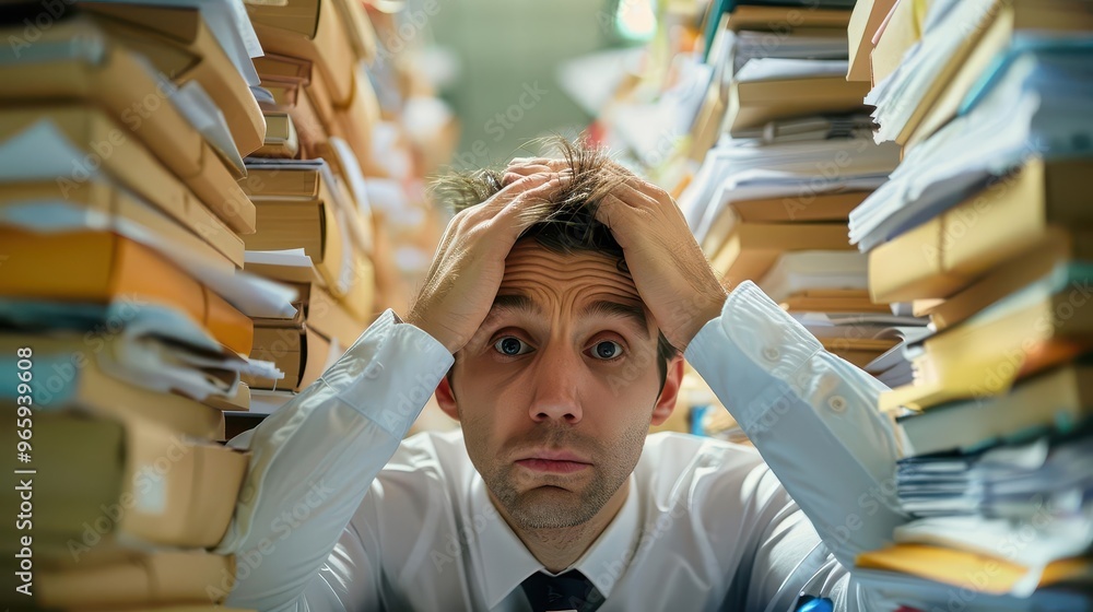 overwhelmed by paperwork stressed businessman holding his head ...