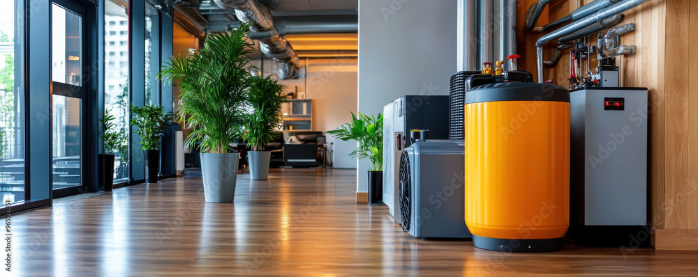 A modern hallway with an advanced heating system, featuring water tanks ...
