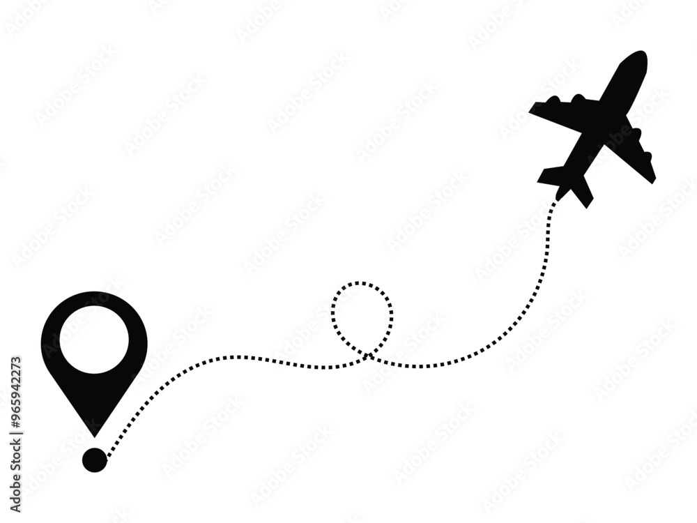 Airplane line path icon. City street road with pins on map and ...