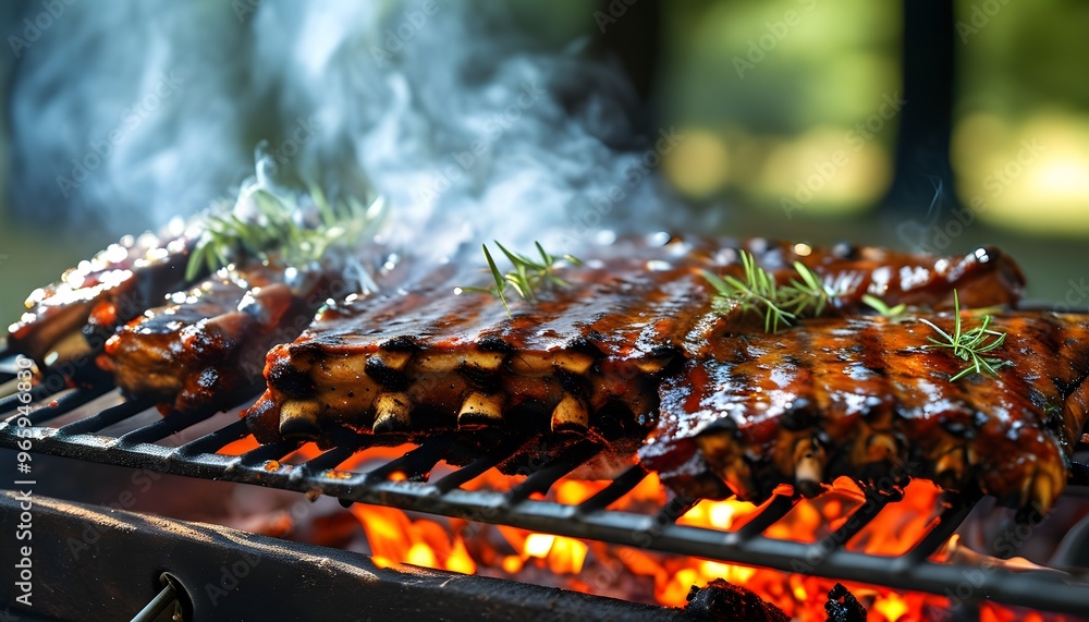 Savory smoke billows from a grill brimming with glazed barbecue ribs ...