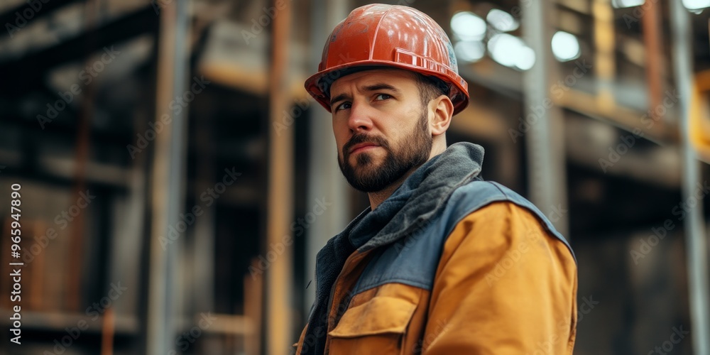 A confident construction worker stands in an industrial environment. He ...