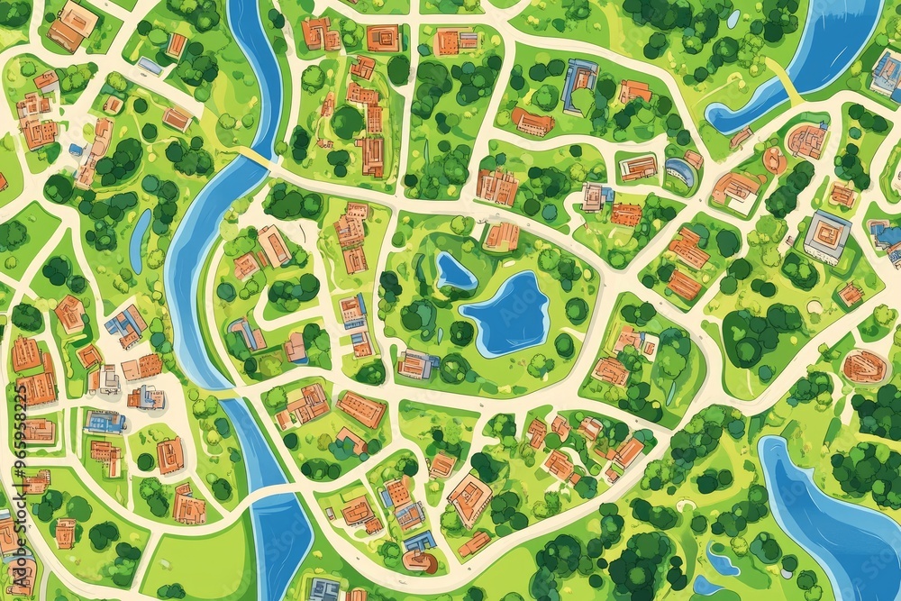 High resolution 2D cartoon style city map illustration featuring ...