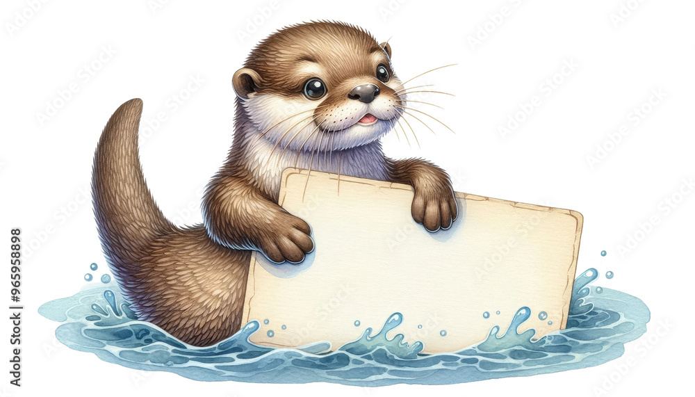 A cute otter with big eyes and a playful smile holds a blank sign while ...
