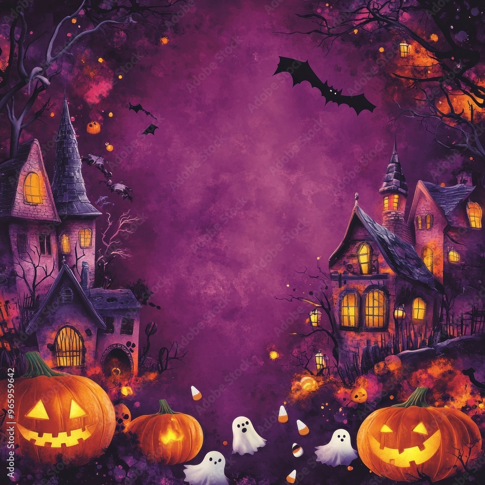 Halloween themed illustration with two haunted houses, pumpkins, bats ...