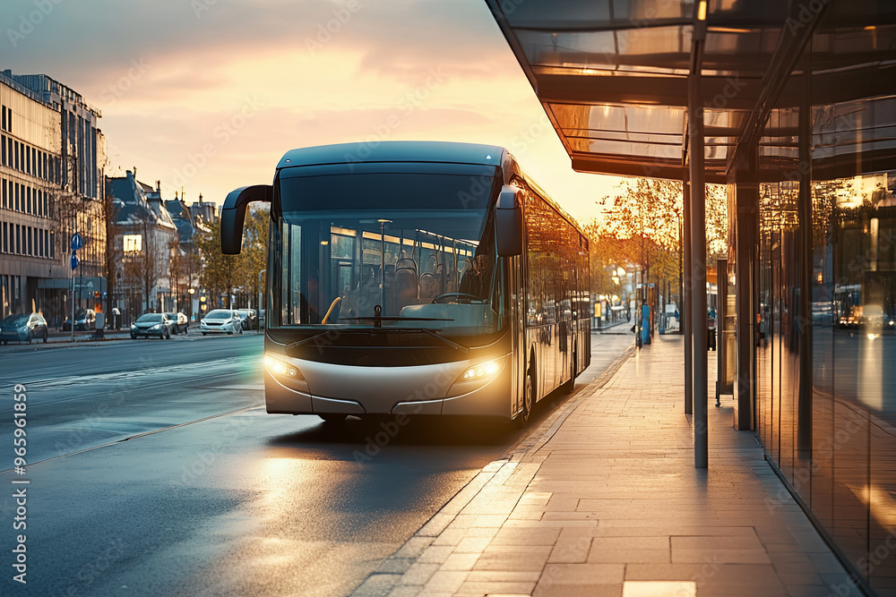 Electric bus pulling up to a bus stop in a clean, modern city image ...