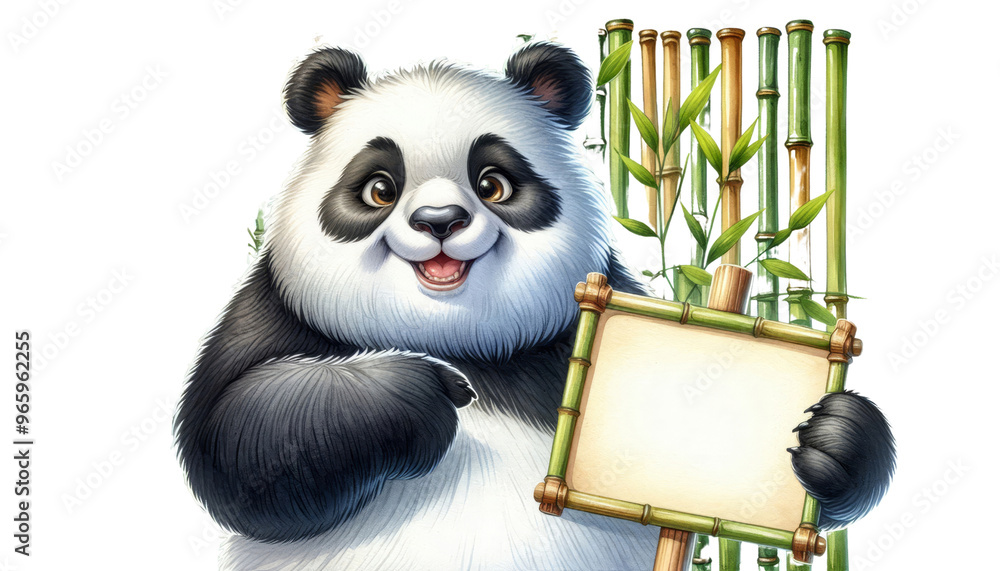 A happy panda bear stands proudly in a bamboo forest, holding a blank ...