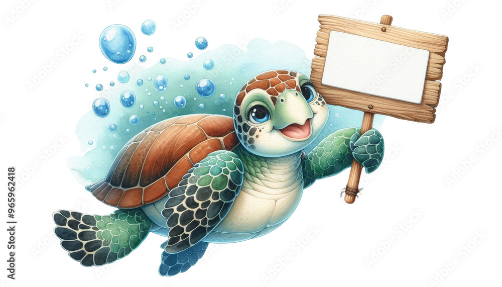 Adorable sea turtle with big eyes and a friendly smile, holding a blank ...