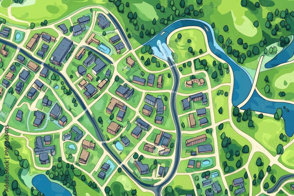 High resolution 2D cartoon style city map illustration featuring ...