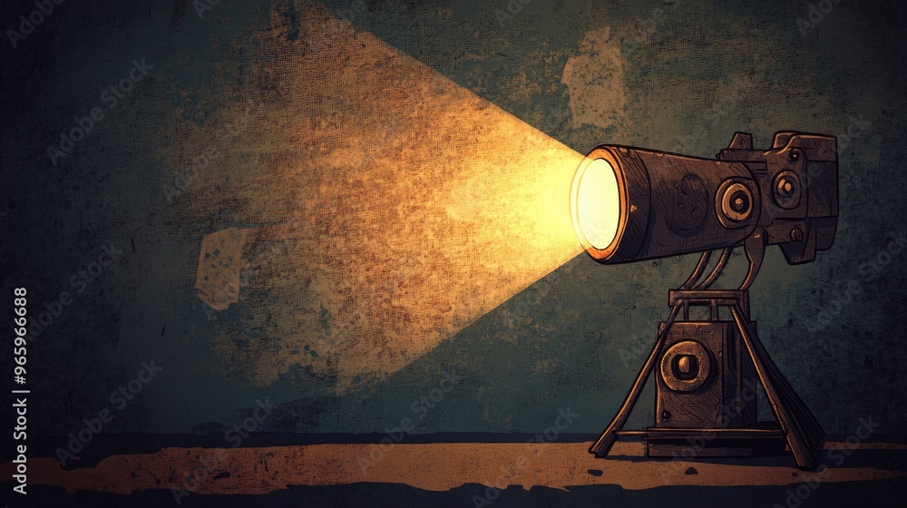 Vintage film projector casting light on a textured background featuring ...