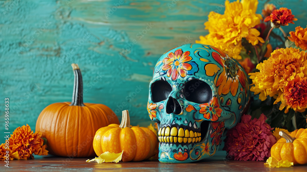 Painted human skull on blue background for Mexican Day of the Dead (El ...