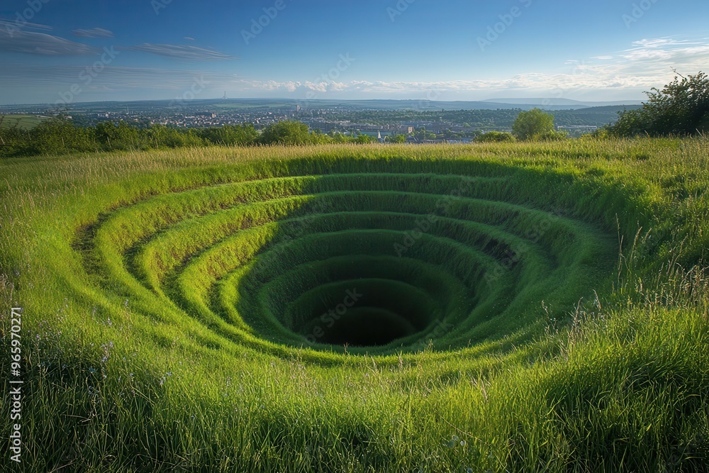 enigmatic earthwork mysterious circular pit carved into verdant field ...