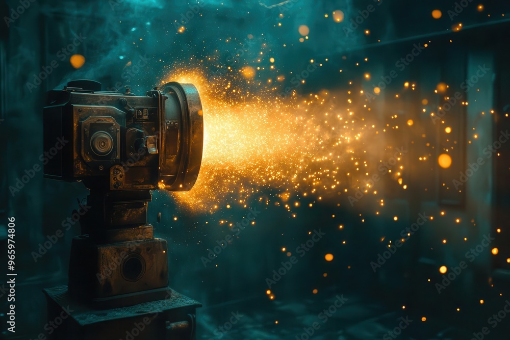 ethereal light beam pierces darkness illuminating floating dust ...