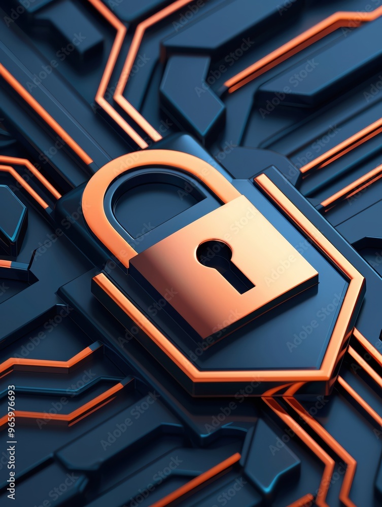 Modern digital security concept with 3D lock icon. Symbol of data protection, cybersecurity, and ...