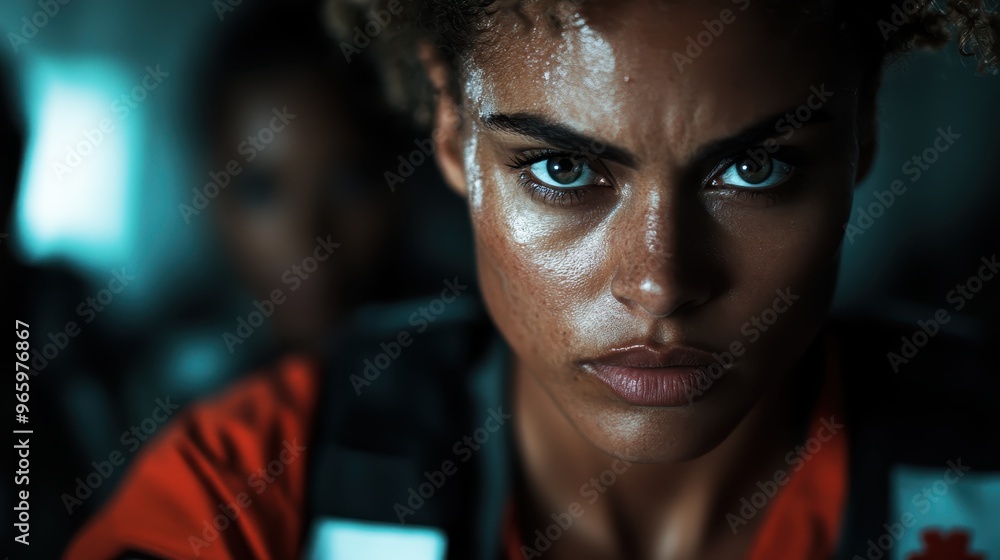 An intense female rescuer in vibrant attire intensely focuses on the ...