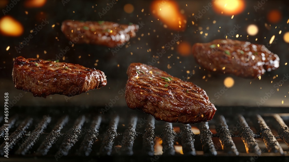 Grill Beef steaks, realistic 3d brisket flying in the air, grilled meat collection, ultra ...