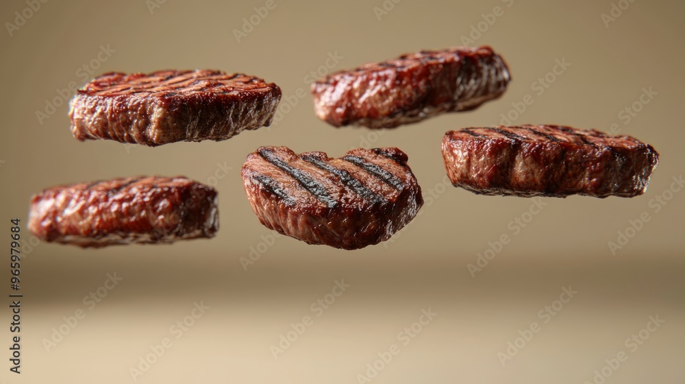 Grill Beef steaks, realistic 3d brisket flying in the air, grilled meat collection, ultra ...