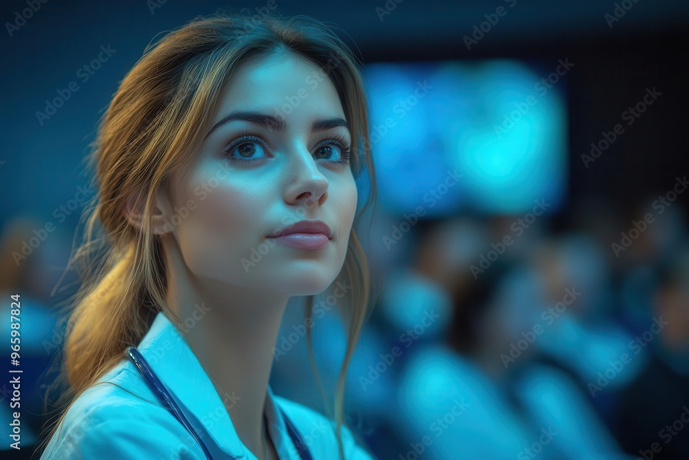 female doctor delivering keynote speech at medical symposium ...