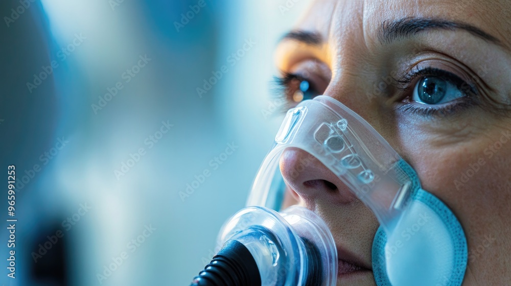 Patient wearing a lung capacity test mask during a pulmonary function ...