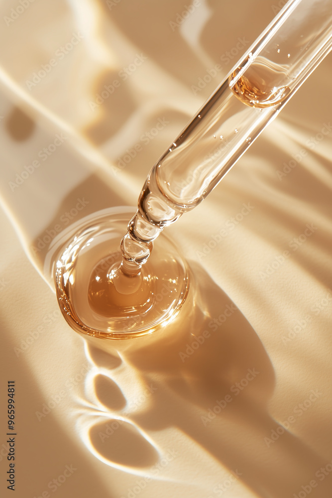 Macro shot long pipette dropper with pouring transparent beige or ...