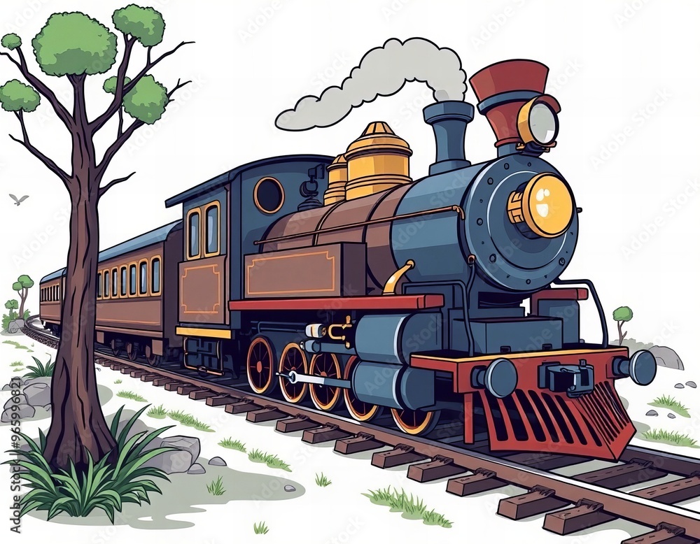 cartoon train on the tracks with trees and rocks. Stock Illustration ...
