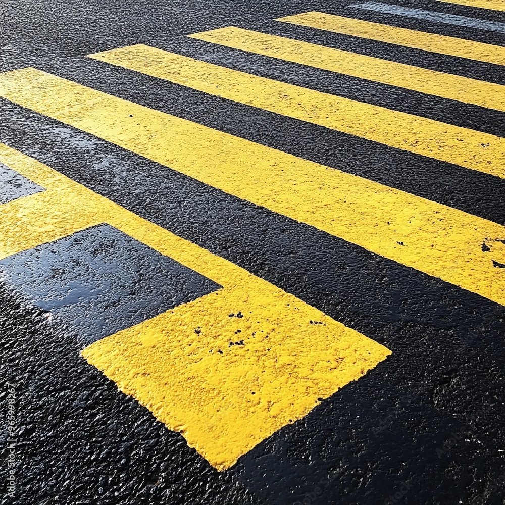 bright daylight illuminates yellow and black pedestrian crosswalk ...