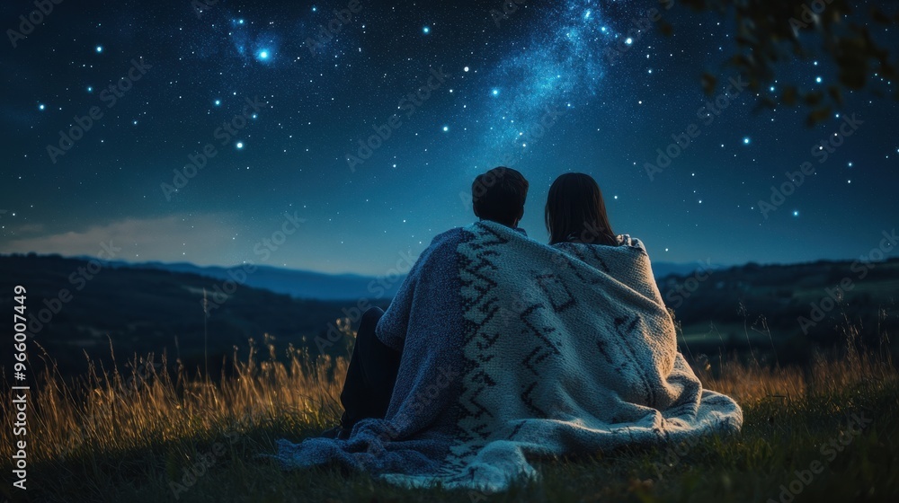 Romantic Couple Stargazing Under a Clear Night Sky Wrapped in a Blanket ...