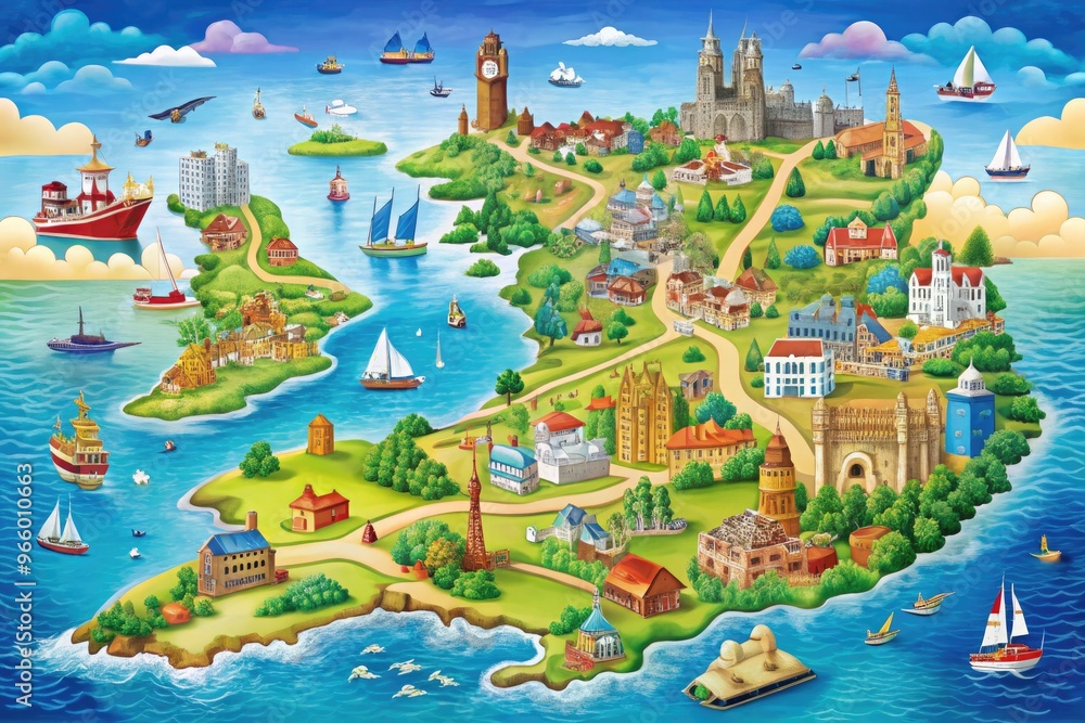 A colorful, detailed map of England showcases major cities, towns, and ...