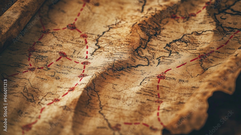Old, worn map with travel routes marked in red ink, showing an explorer ...