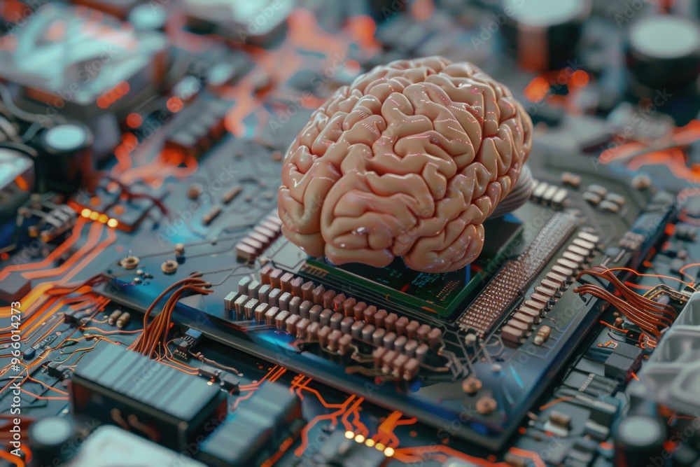 A human brain sits on top of a computer motherboard, representing the ...