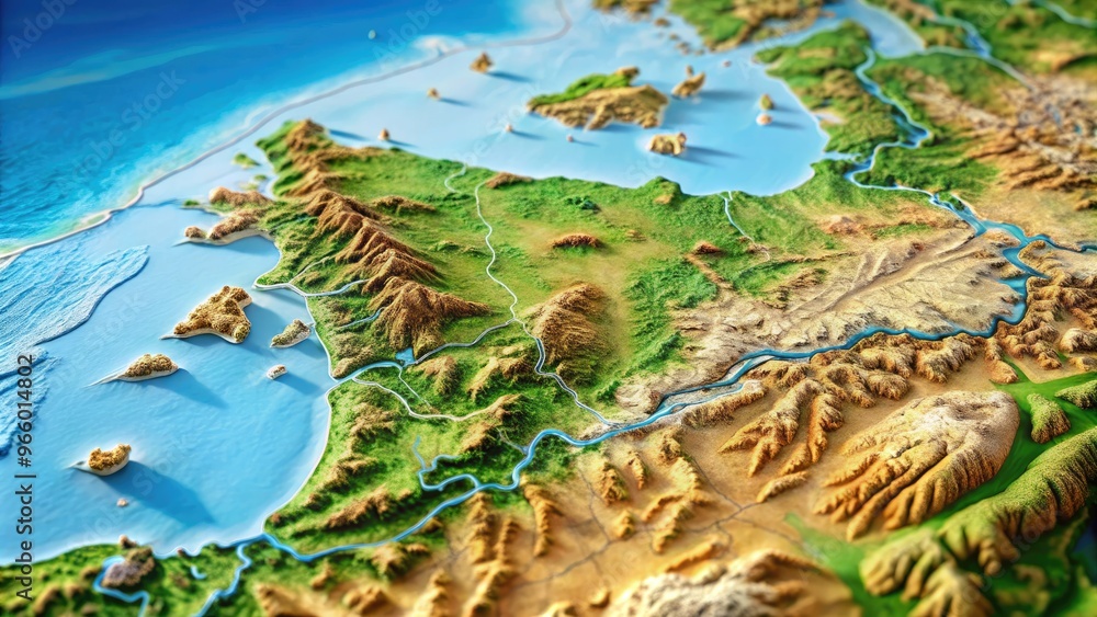 A detailed topographic map highlights the five landing beaches of ...