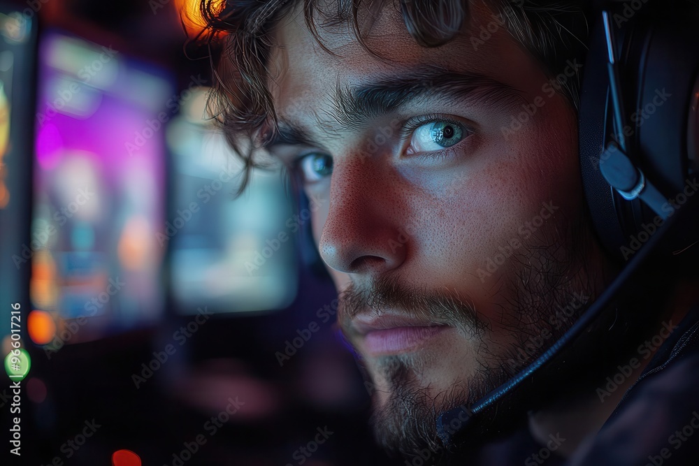 intense closeup of a focused esports gamer illuminated by the glow of ...