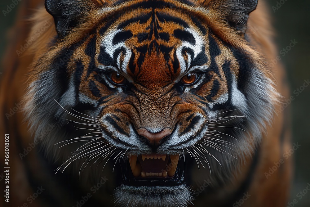 intense closeup of tigers face with piercing eyes and bared teeth ...