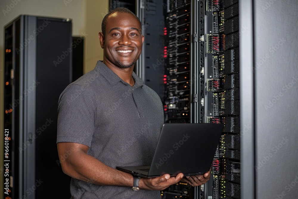 It support or friendly African engineer fixing computer network setup ...