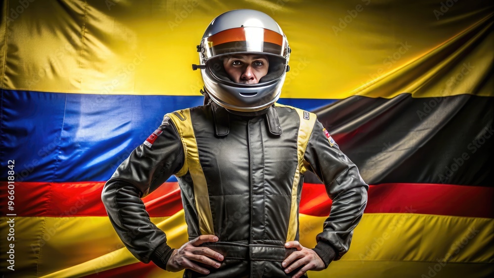 A Helmeted Race Car Driver In A Black And Yellow Racing Suit Stands ...