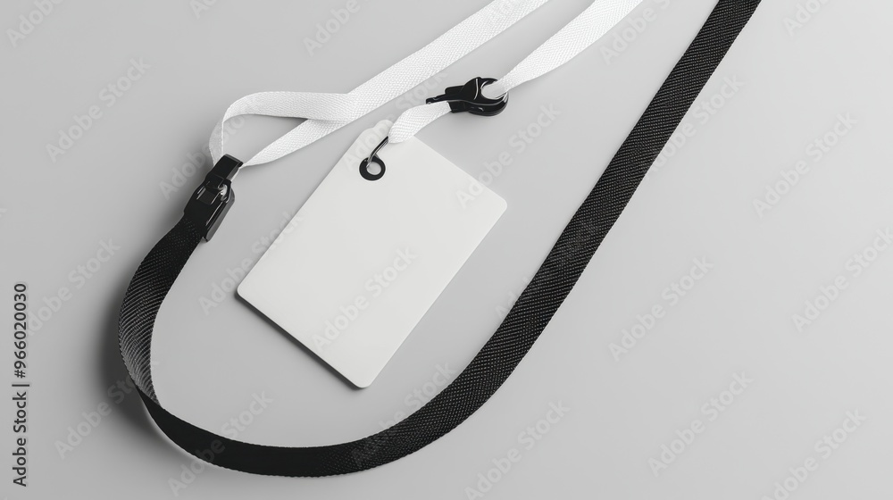 Blank white lanyard with an empty badge, set against a soft gray ...