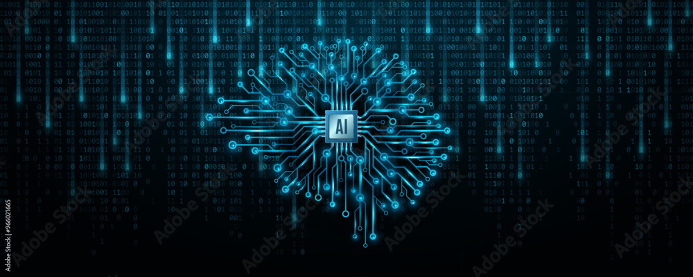 AI brain with CPU microchip and glowing circuit board. Futuristic flowing binary code into ...