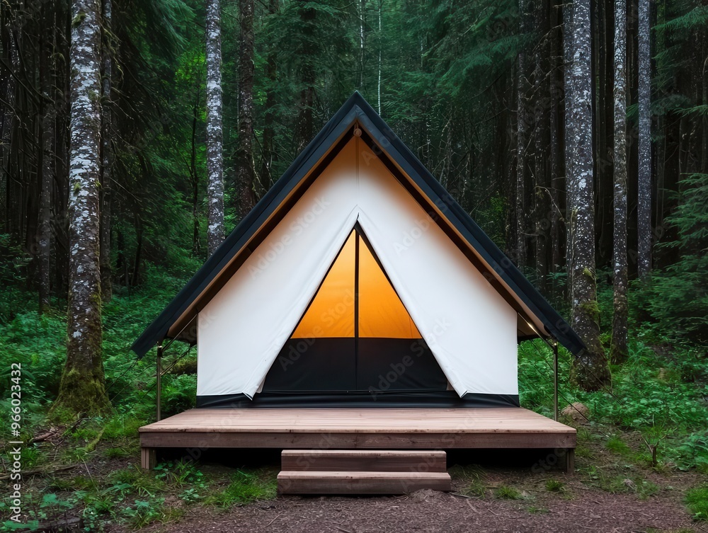 Eco-friendly glamping tent in a forest, surrounded by trees, canopy ...