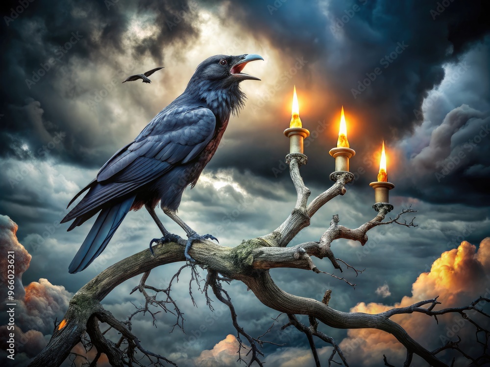 A menacing black crow perches on a twisted, gnarled branch, its beak ...