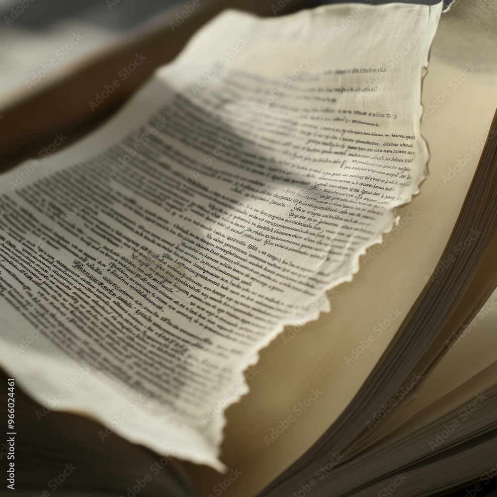 Old book page with torn edge and text written in black ink. Stock ...