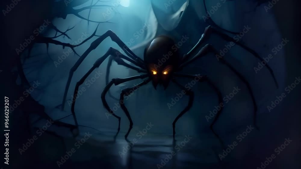 A terrifying giant spider with glowing red eyes lurks in the dark Halloween night, sending ...