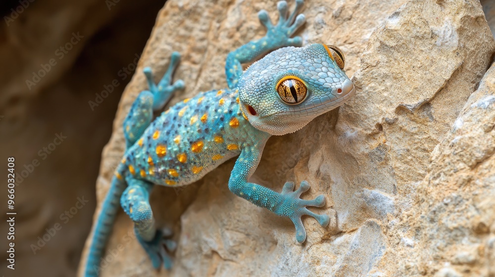 Gecko on Rock: A vibrant blue gecko with striking yellow spots clings ...