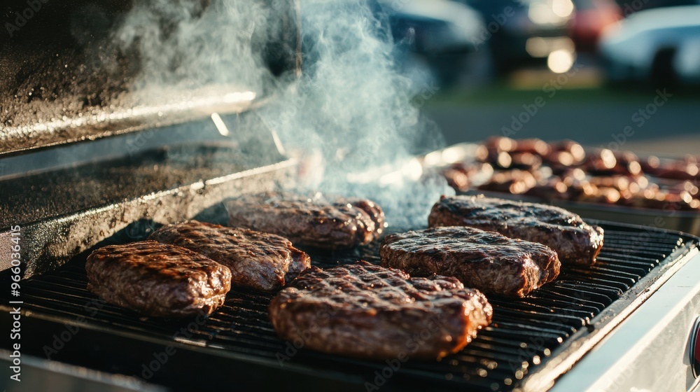 Professional stock photo of a tailgate barbecue, grill loaded with ...