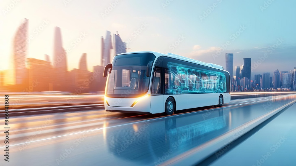 AI-driven bus rapid transit, holographic route map, modern city, clean ...