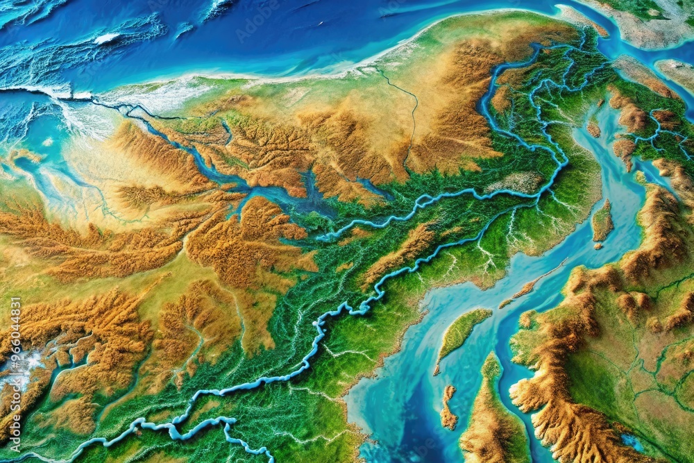 Aerial topographic map of the Amur River, showcasing its winding course ...