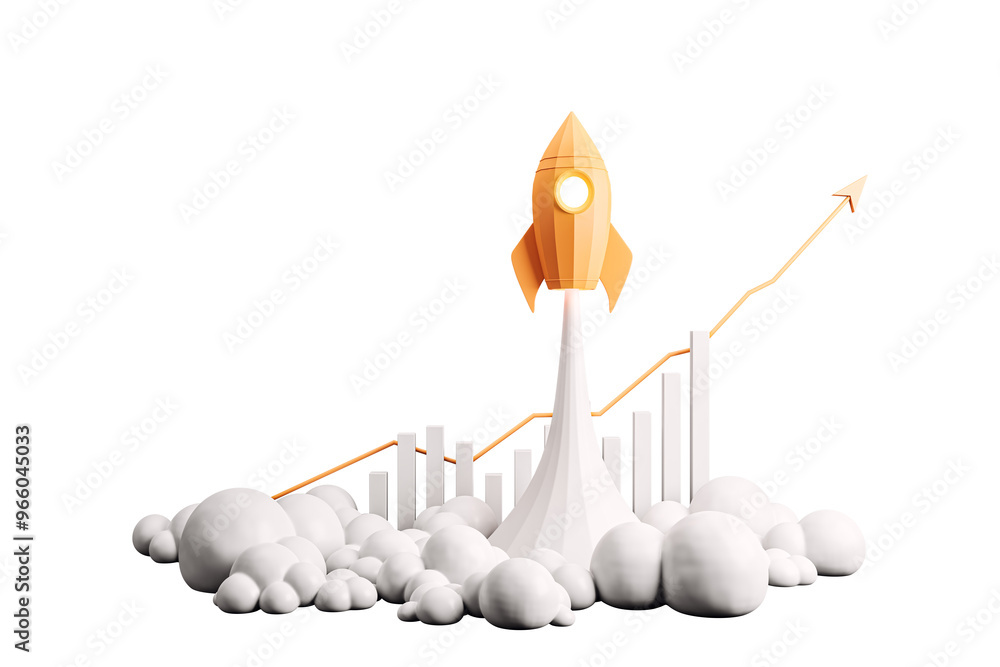 Orange rocket launching with rising graph, surrounded by white clouds ...
