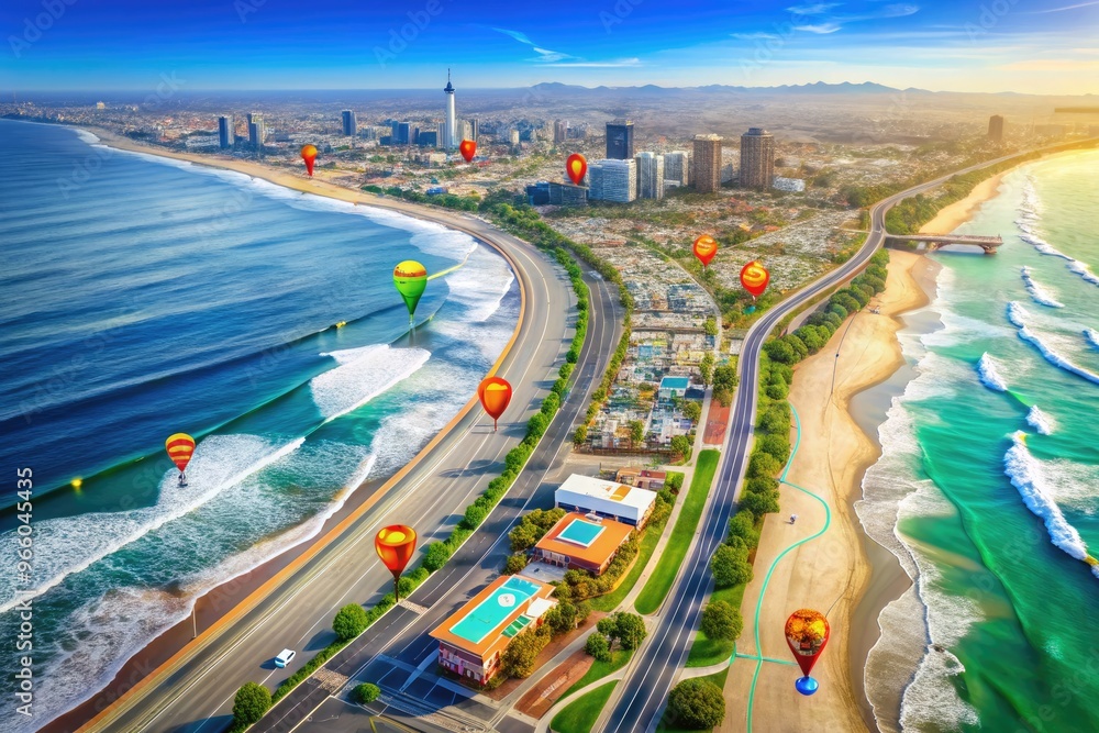 Aerial view of a folded roadmap highlighting the scenic route to Long ...