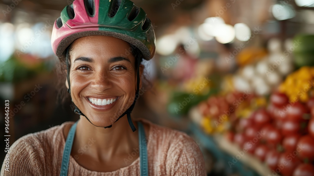 A smiling woman wearing a helmet enjoys a visit to a bustling farmers ...