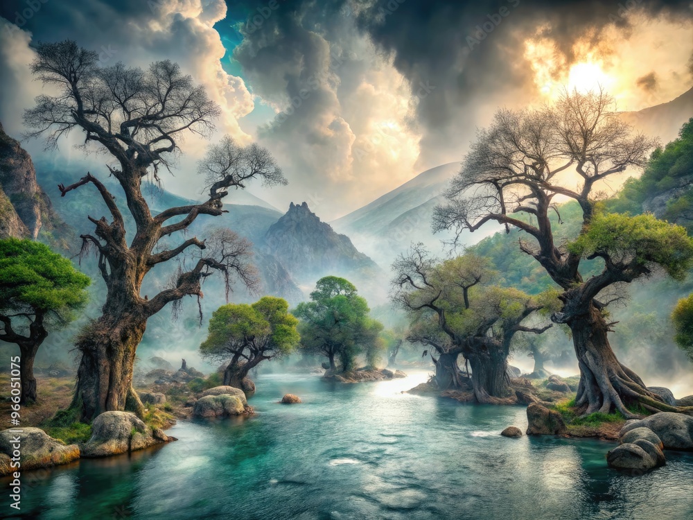 Ancient Greek underworld landscape featuring the Acheron River, a ...